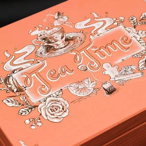 6 Compartments Wooden Tea Box With Wood Burning Art, Orange Tea ...
