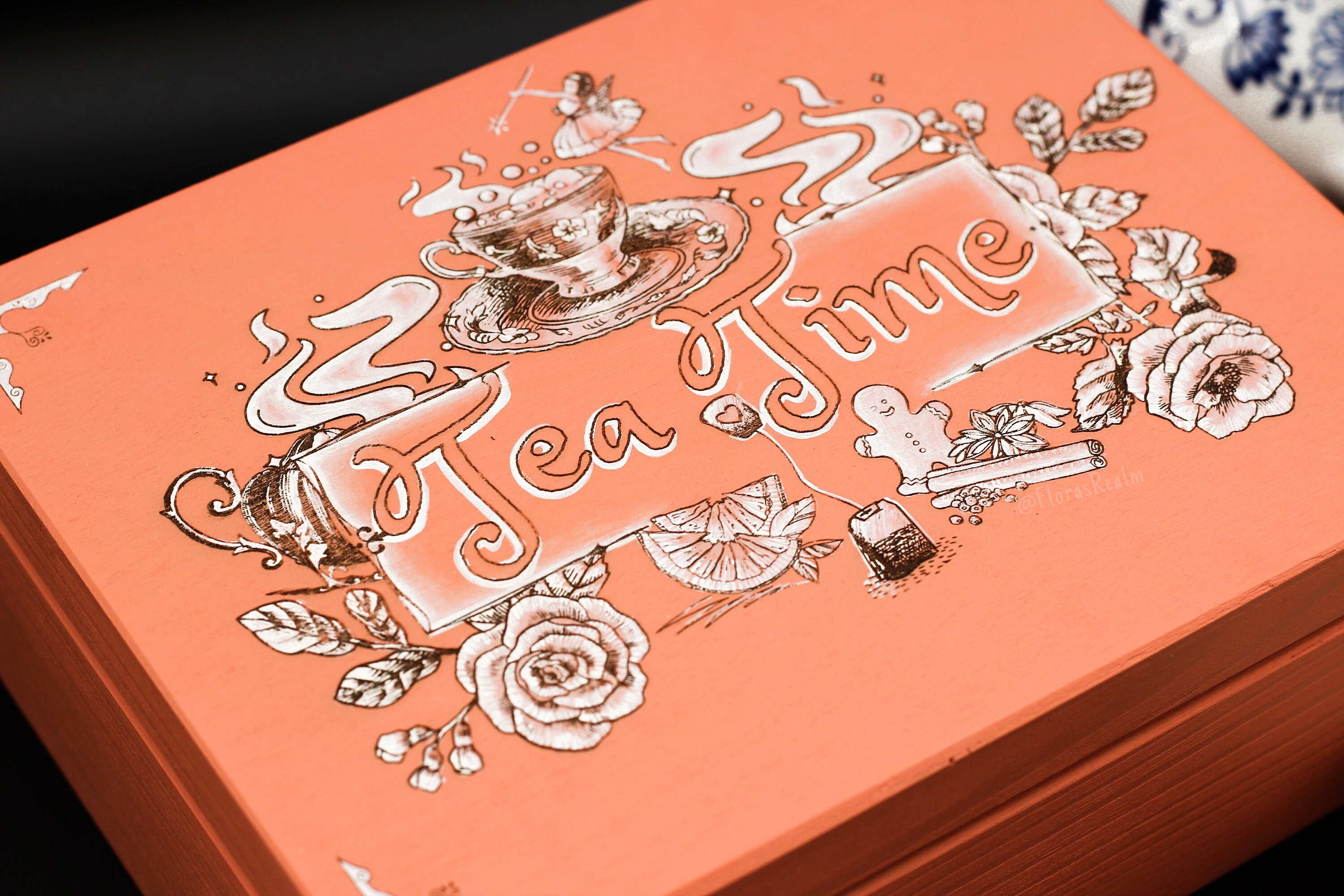 6 Compartments Wooden Tea Box With Wood Burning Art Orange - Etsy