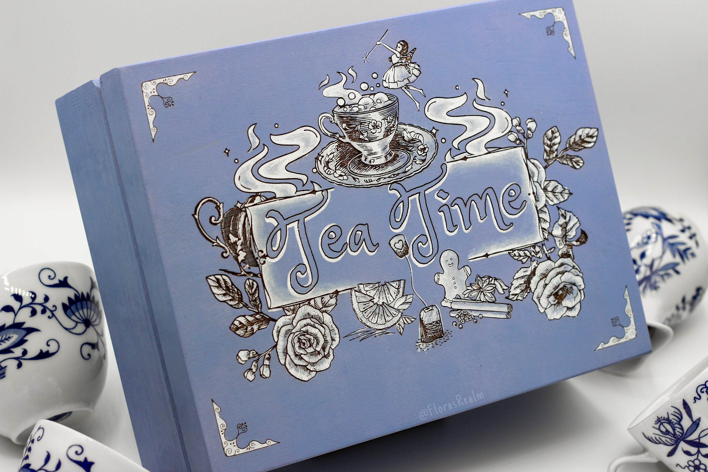 6 Compartments Wooden Tea Box With Wood Burning Art Orange - Etsy