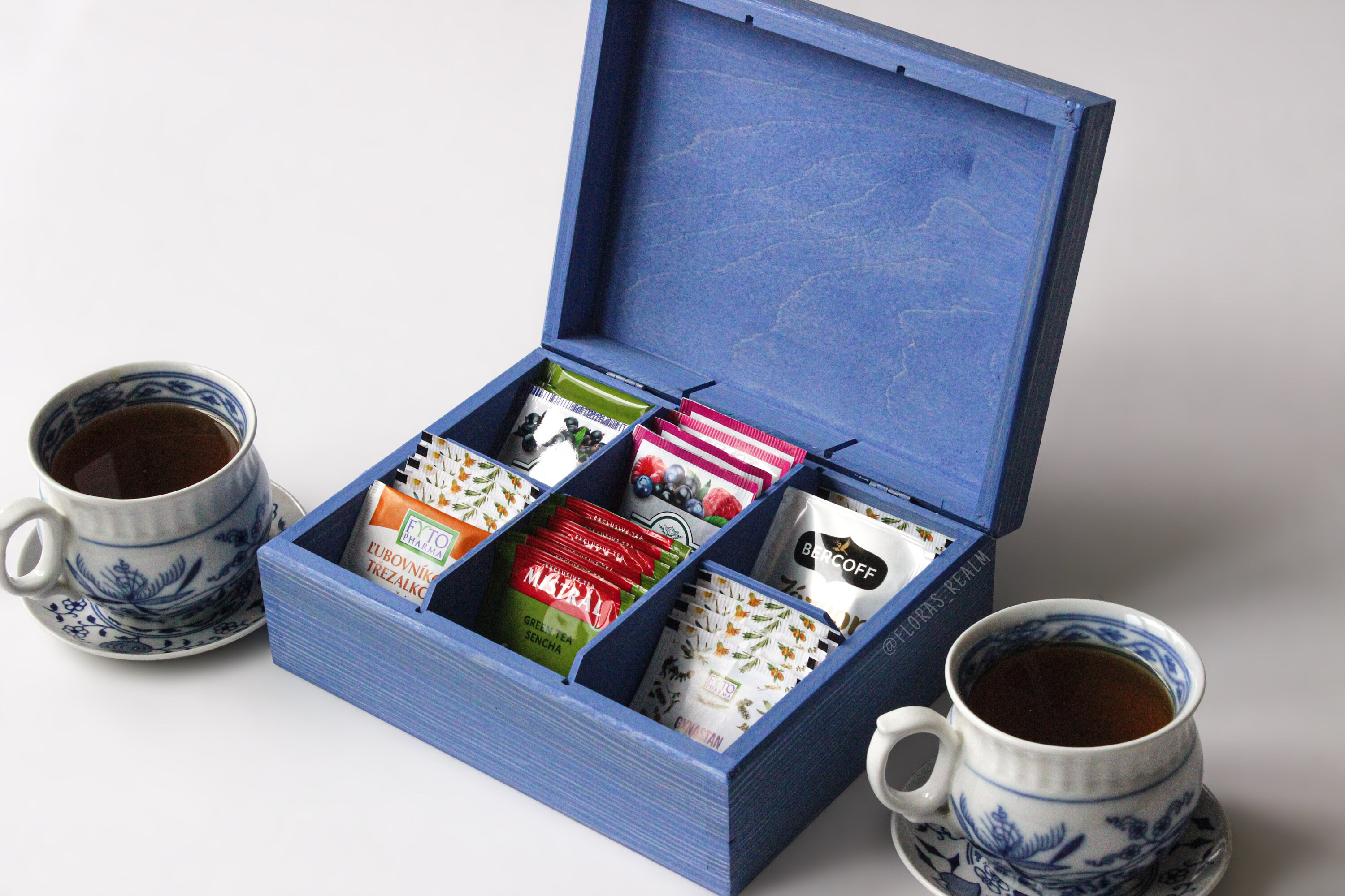 Wooden Tea Box and 6 Compartment Box, Tea Bag Holder and Blue Wooden ...