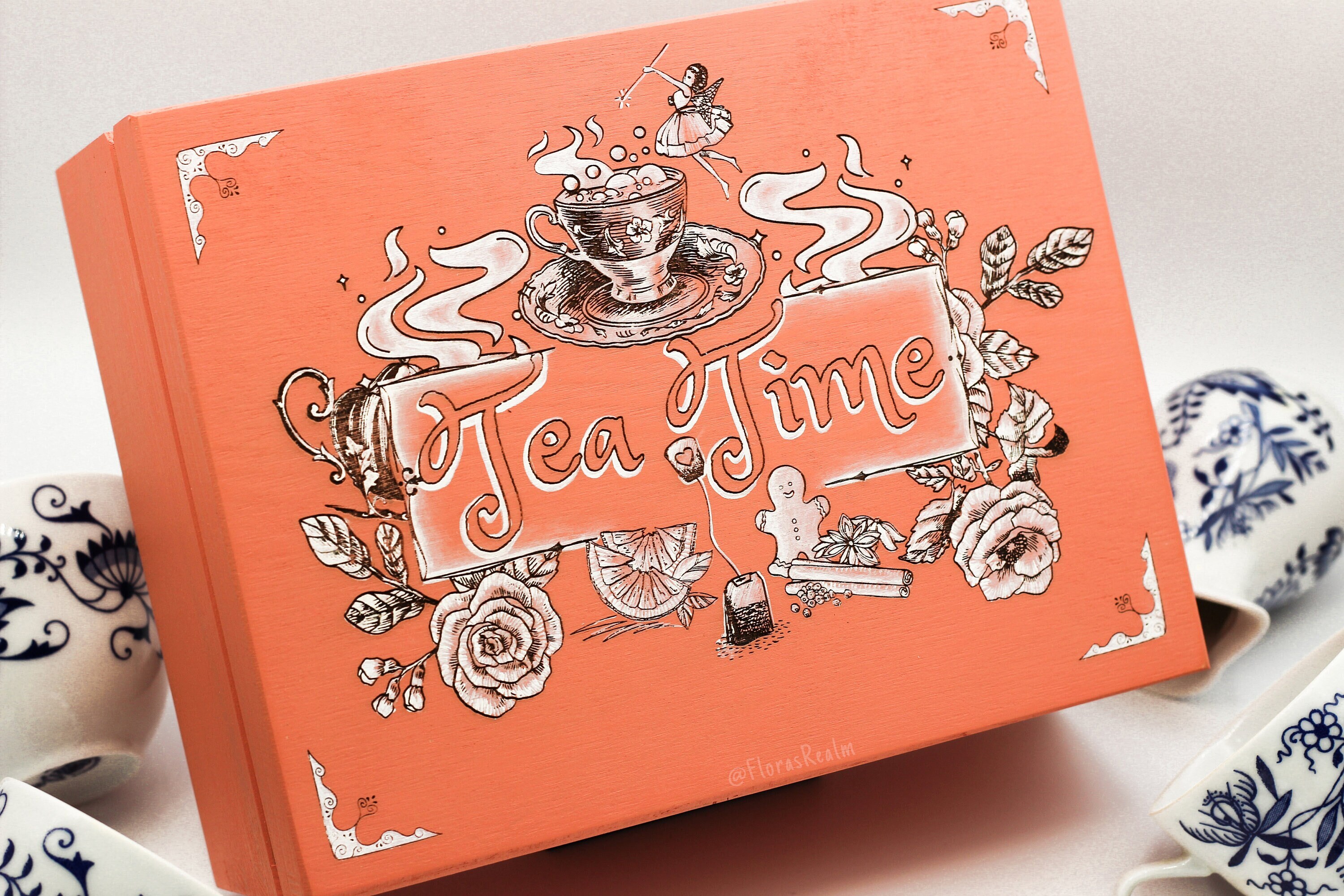 6 Compartments Wooden Tea Box With Wood Burning Art Orange - Etsy