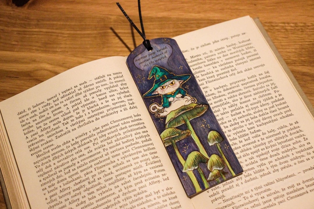 Witchy Bookmark With Woodburned Grumpy Forest Wizard Cat, Hand Painted ...