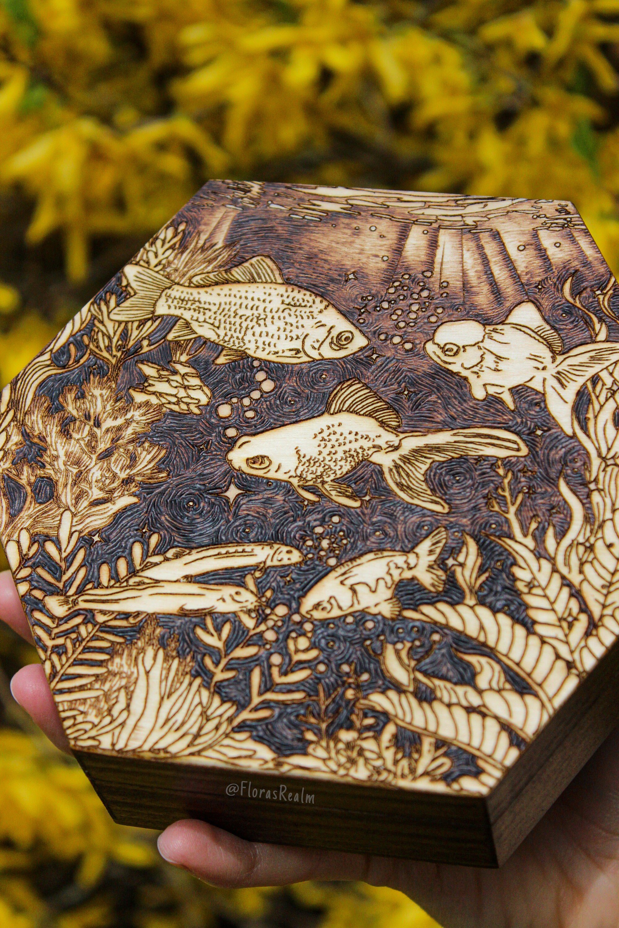 Koi Fish Pyrography Wooden Box With Lid Dice Box Memory Box - Etsy