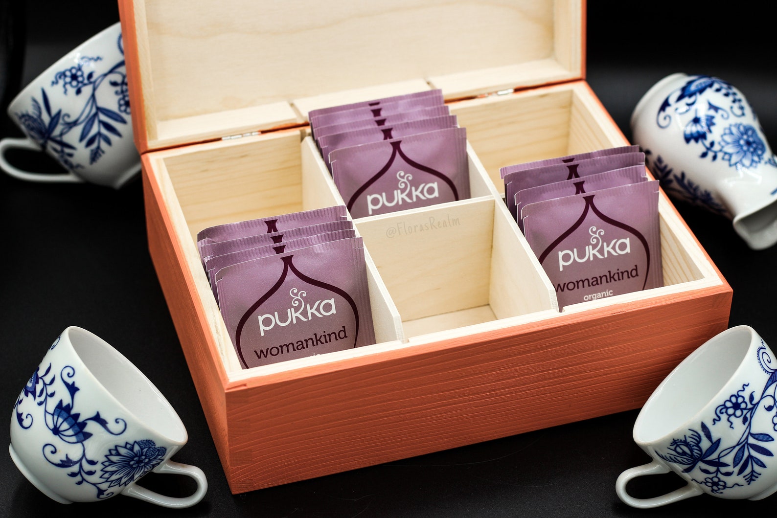 6 Compartments Wooden Tea Box With Wood Burning Art Orange - Etsy