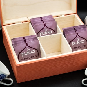 6 Compartments Wooden Tea Box With Wood Burning Art, Orange Tea ...