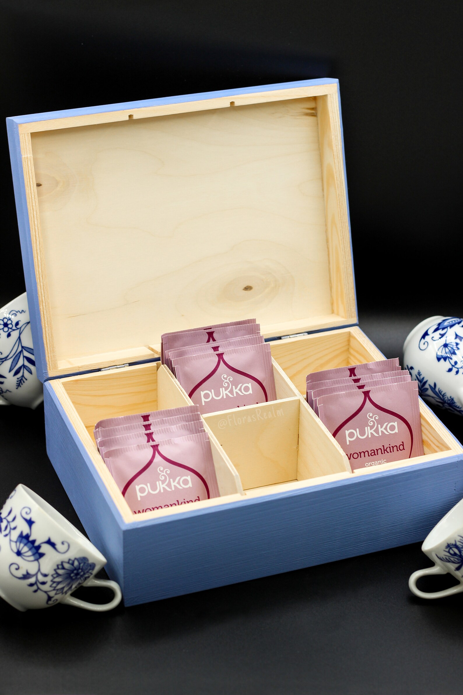 Tea Box With 6 Compartments, Lavender Blue Organizer With Wood Burning ...