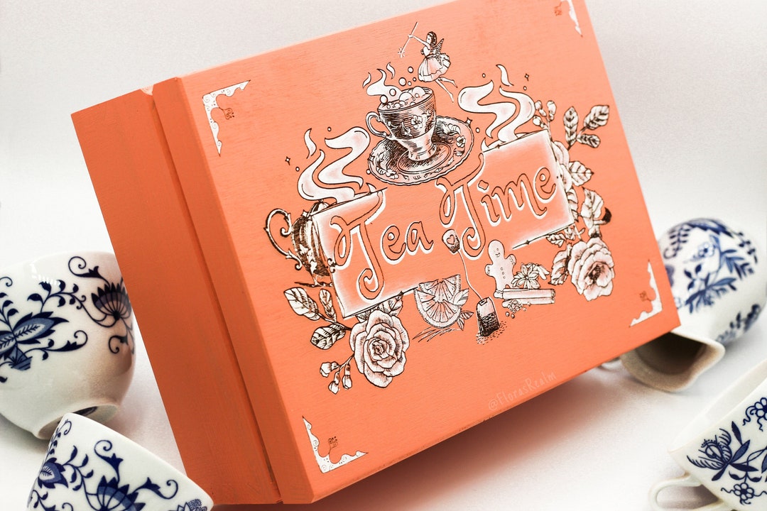 6 Compartments Wooden Tea Box With Wood Burning Art, Orange Tea ...