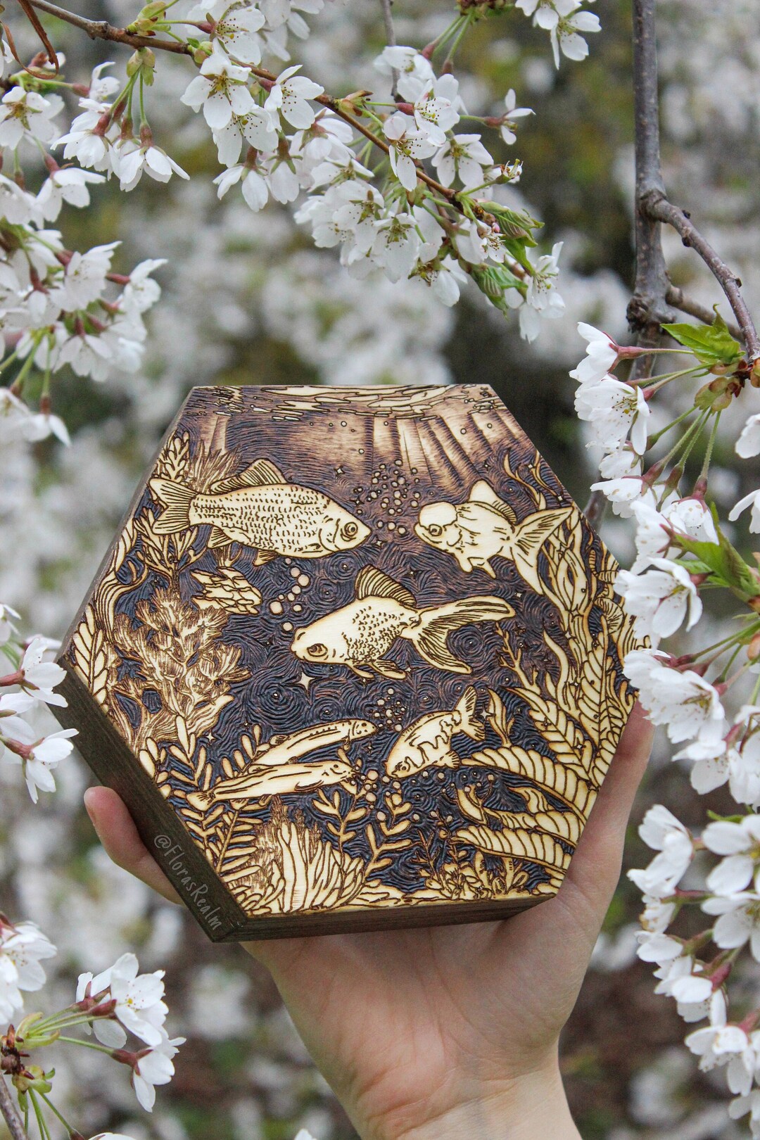 Koi Fish Pyrography Wooden Box With Lid, Dice Box, Memory Box, Tackle ...