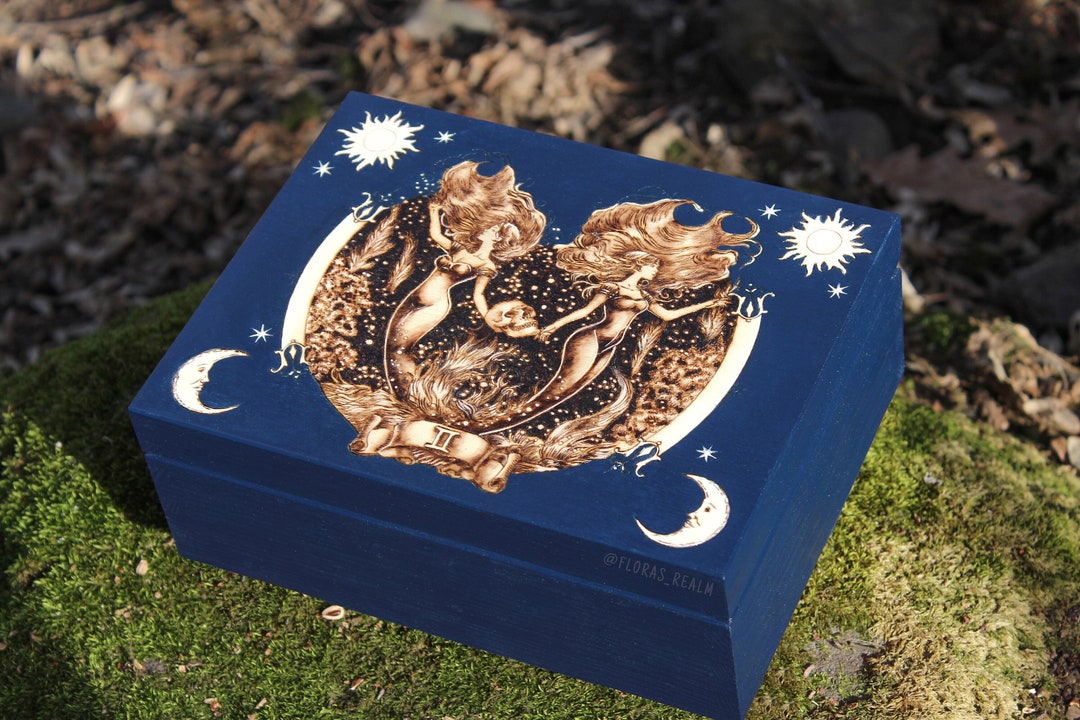 Gemini Wooden Star Sign Box With Mermaid Theme and 6 Compartments ...