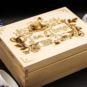 6 Compartments Wooden Tea Box With Wood Burning Art, Orange Tea ...