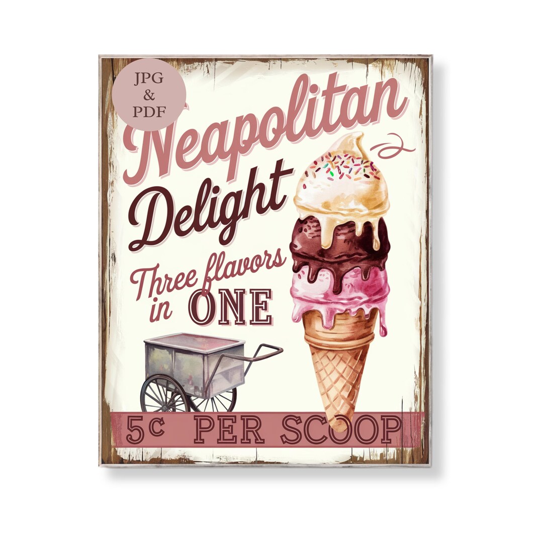 Neapolitan Ice Cream Vintage Sign: Retro Kitchen Printable (digital ...