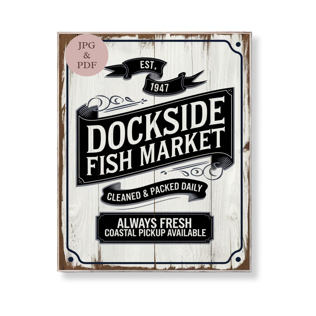 Dockside Fish Market Sign Rustic Coastal Kitchen Art Black and White ...