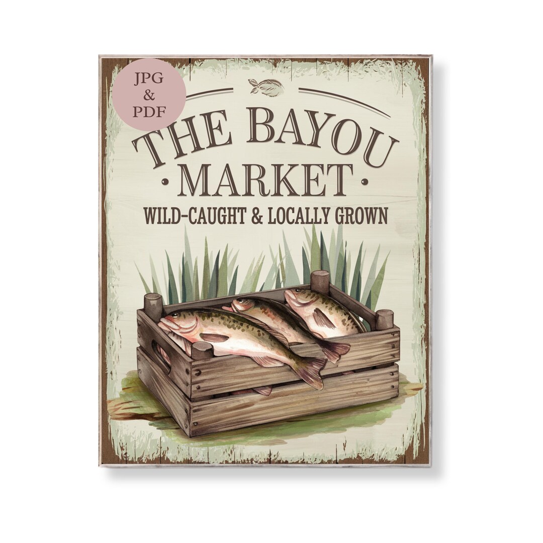 Bayou Market Fish Sign Rustic Farmhouse Seafood Wall Art Southern ...