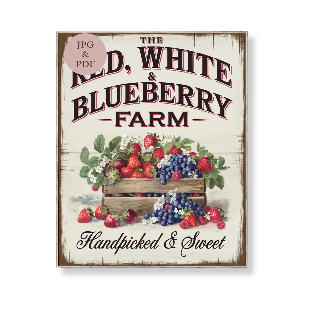 Red White Blueberry Farm Sign Patriotic Summer Fruit Wall Art Rustic ...