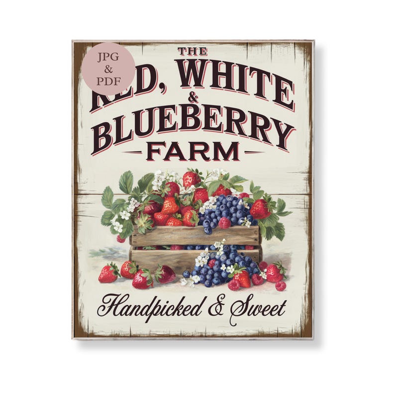 Red White Blueberry Farm Sign Patriotic Summer Fruit Wall Art Rustic ...