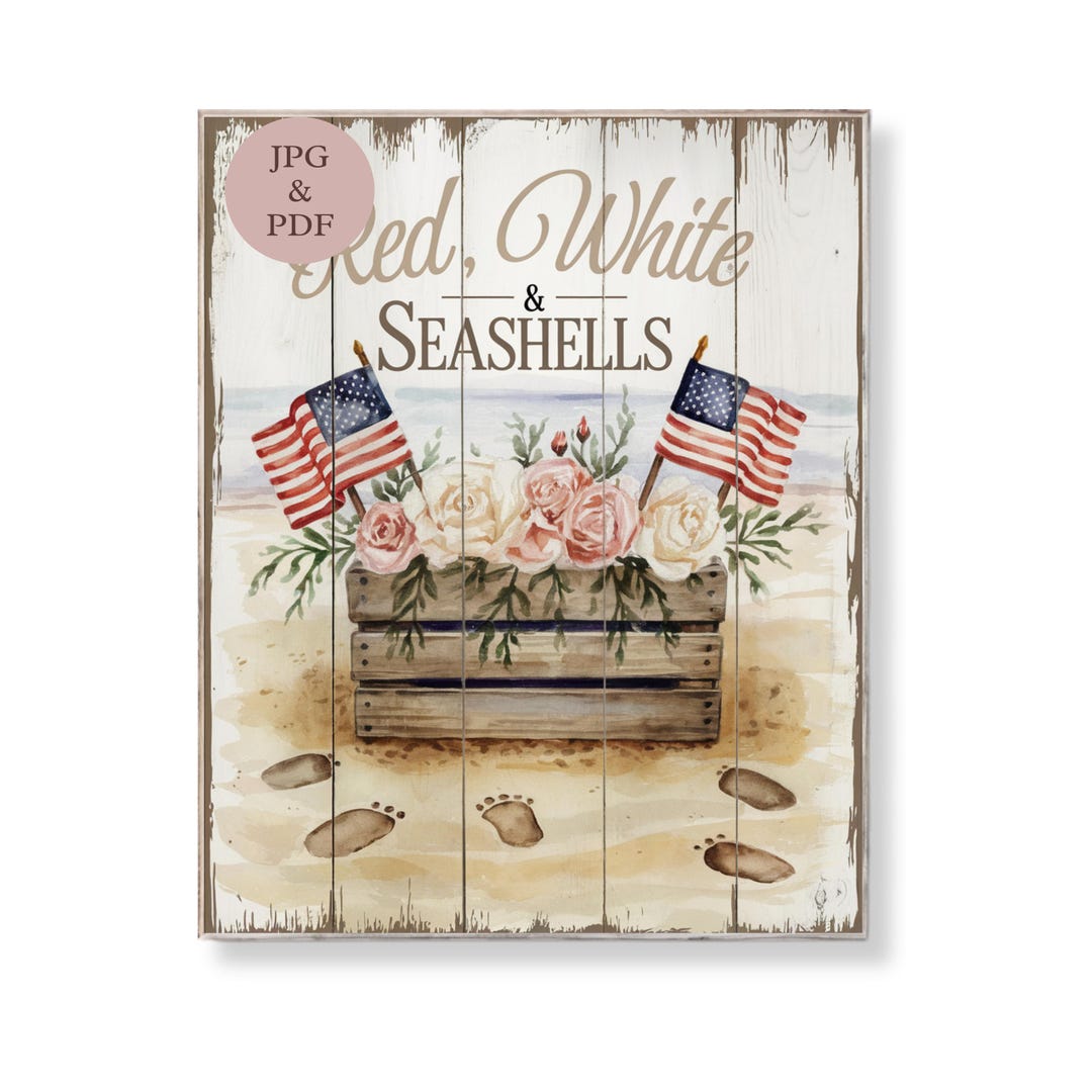 Red White and Seashells Sign USA Patriotic Beach Art Vintage Fourth of ...