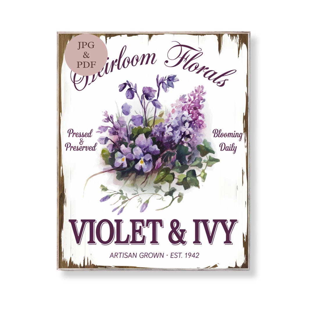 Violet and Ivy Sign Heirloom Floral Wall Art Botanical Purple Flower ...