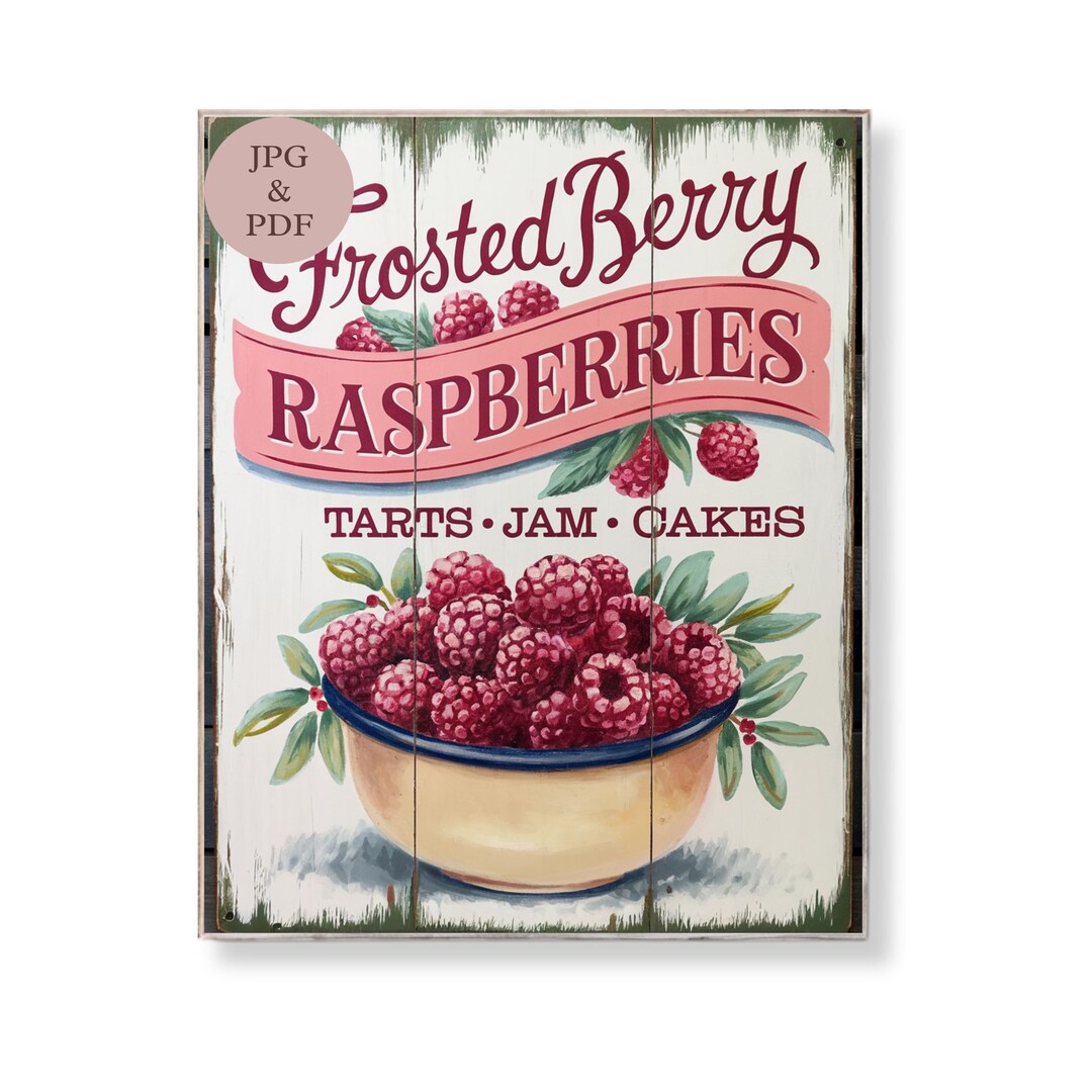 Frosted Berry Raspberries Sign Pink Farmhouse Fruit Art Shabby Chic ...