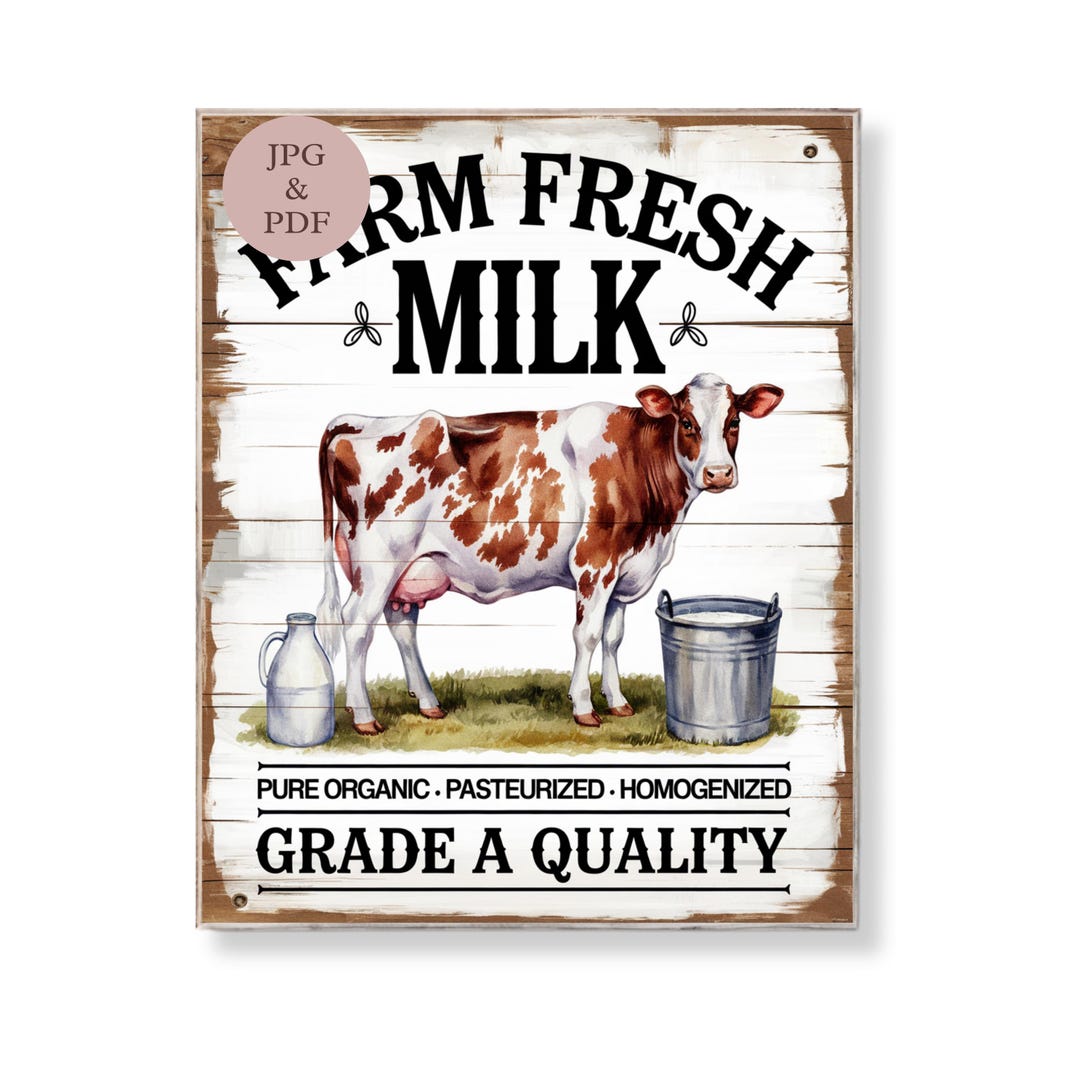Farm Fresh Milk Cow Sign Vintage Farmhouse Kitchen Wall Art Rustic ...
