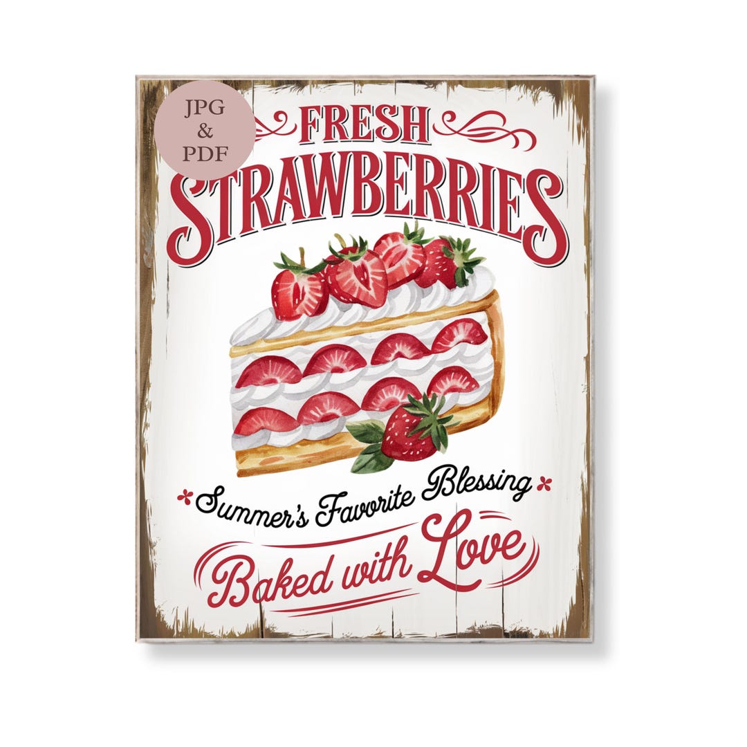 Strawberry Shortcake Sign Fresh Berries Kitchen Wall Art Summer Dessert ...