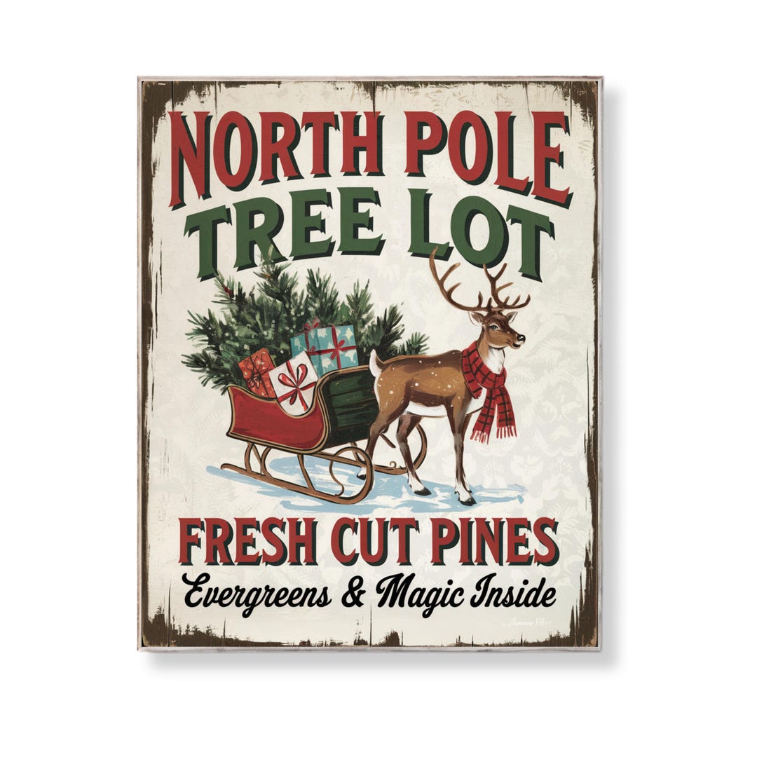 North Pole Tree Lot Christmas Wall Art Reindeer Sleigh Holiday Decor ...
