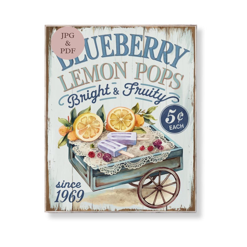 Blueberry Lemon Pops Wall Art Printable Vintage Summer Dessert Cart ...