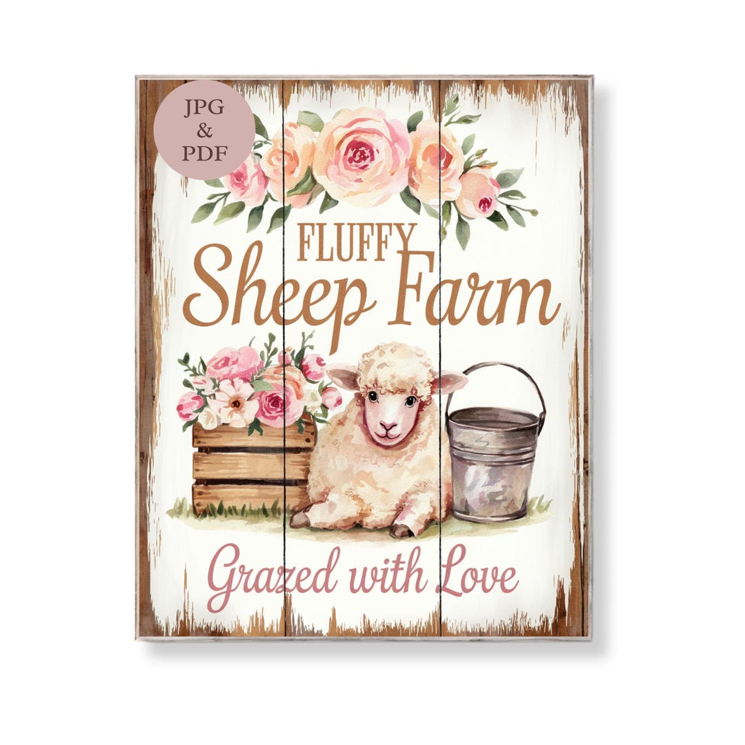 Fluffy Sheep Farm Sign Vintage Farmhouse Wall Art Shabby Chic Animal ...
