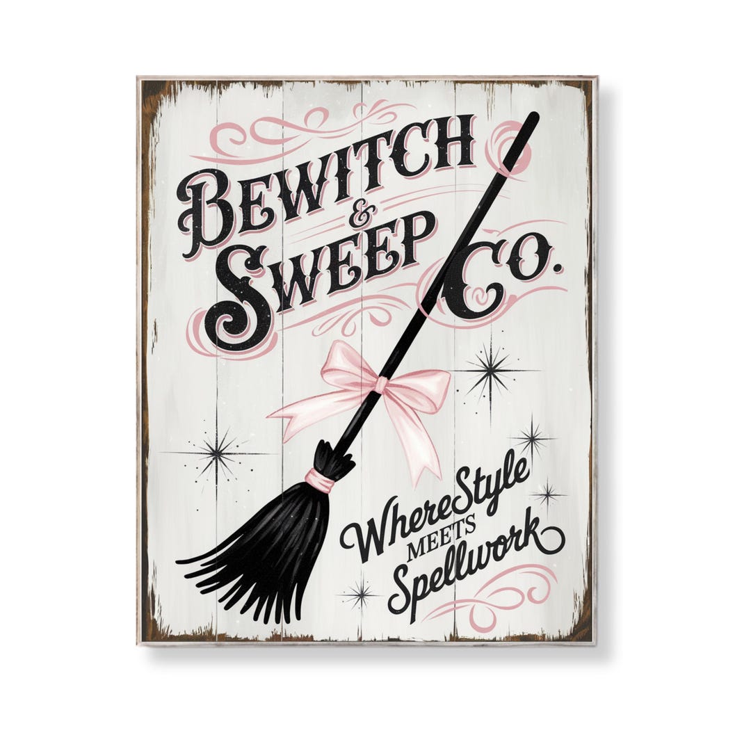 Halloween Bewitch and Sweep Co Wall Art Printable Broom Sign Pink Witch ...