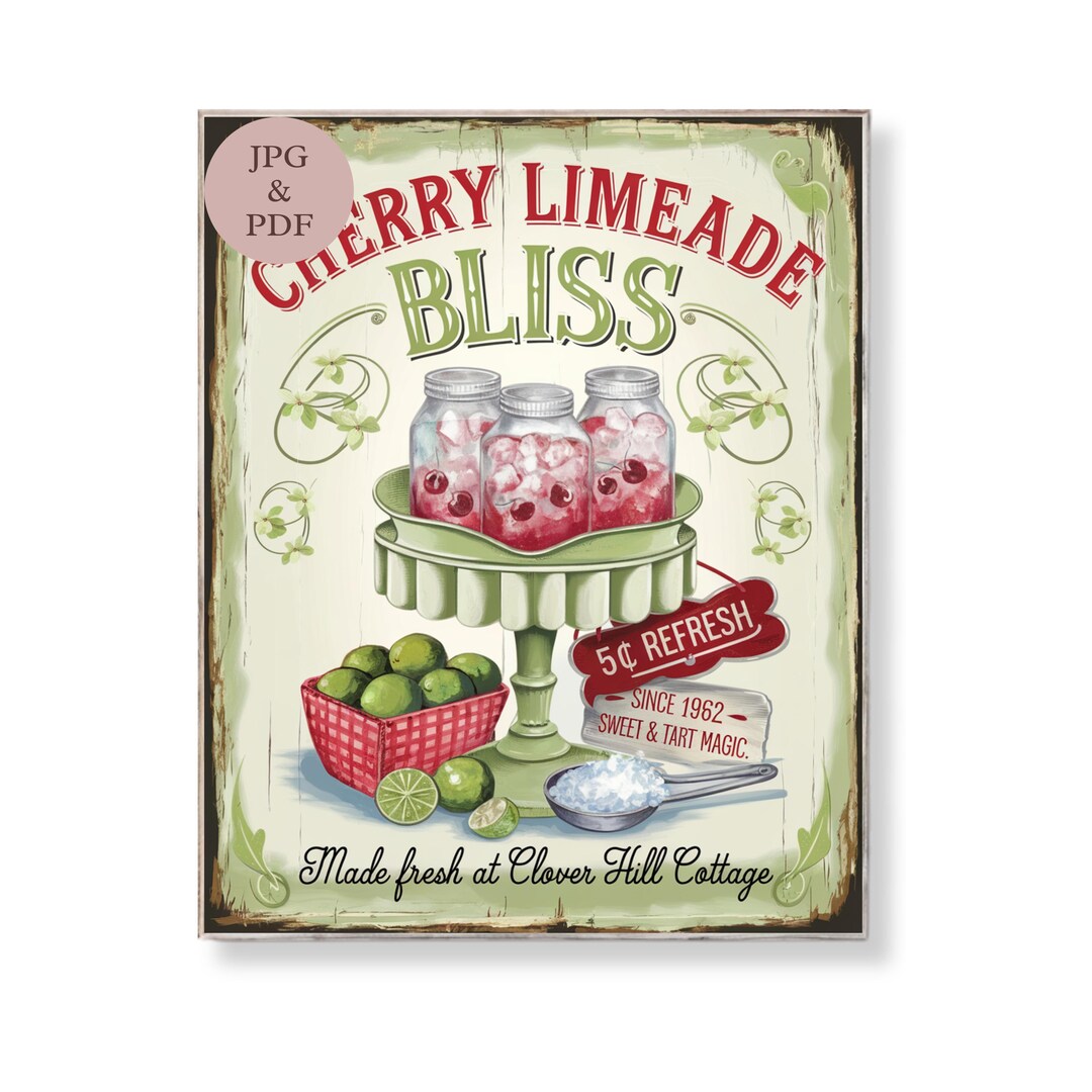 Cherry Limeade Bliss Sign Vintage Soda Fountain Wall Art Summer Fruit ...