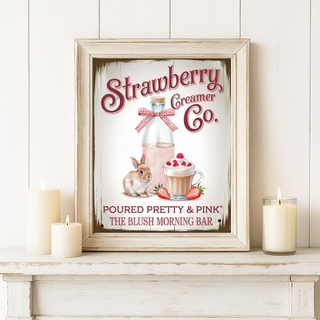 Strawberry Creamer Bunny Wall Art Vintage Blush Kitchen Sign Pink ...