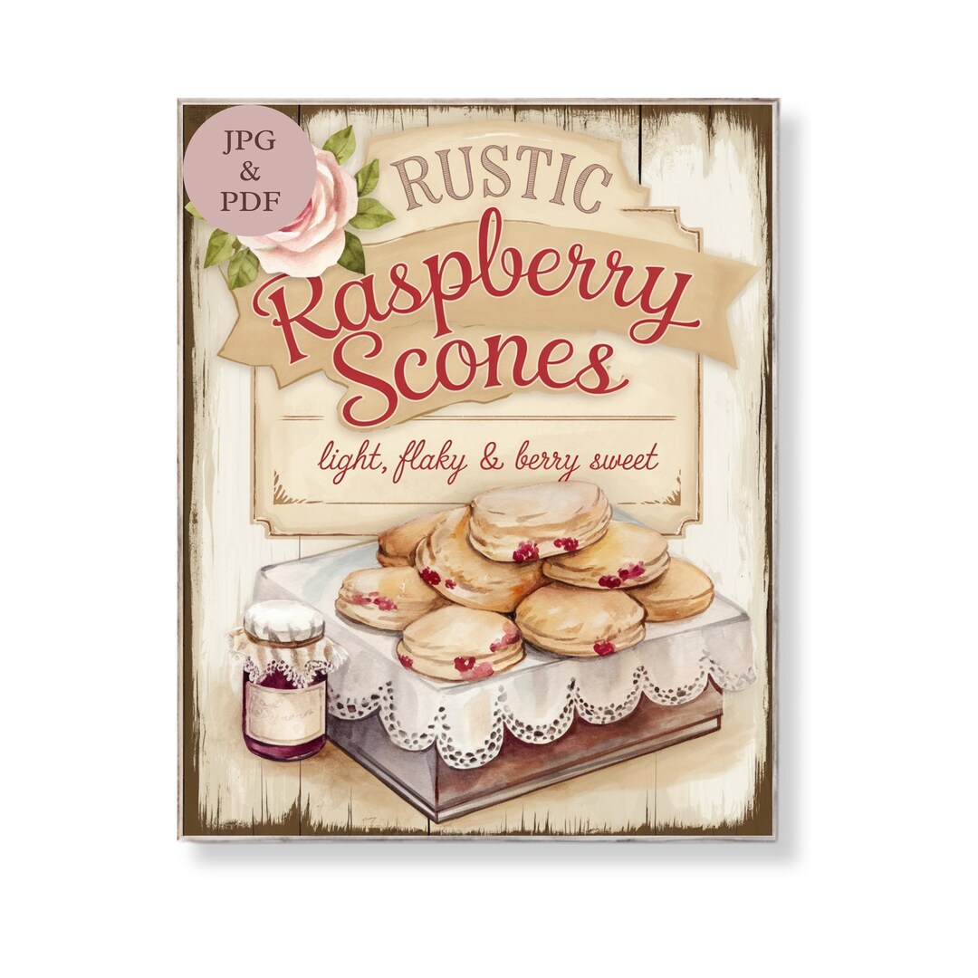 Raspberry Scones Vintage Bakery Sign: Shabby Chic Kitchen Art (digital ...