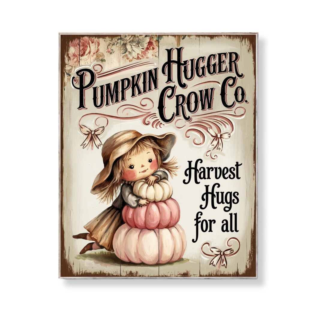 Pumpkin Hug Wall Art Blush Fall Printable Girl With Pumpkins Sign ...