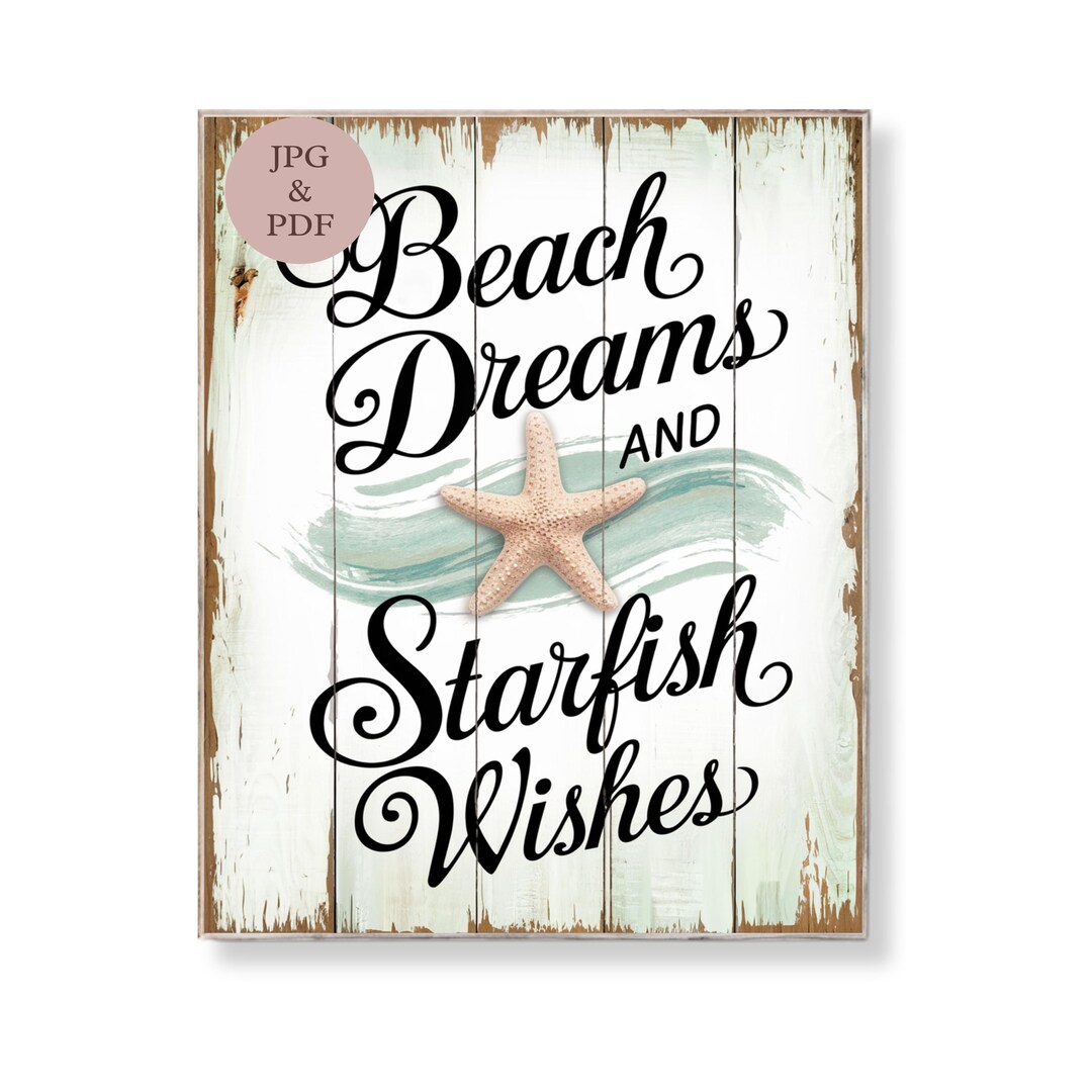 Beach Dreams and Starfish Wishes Sign Coastal Summer Wall Art Vintage ...