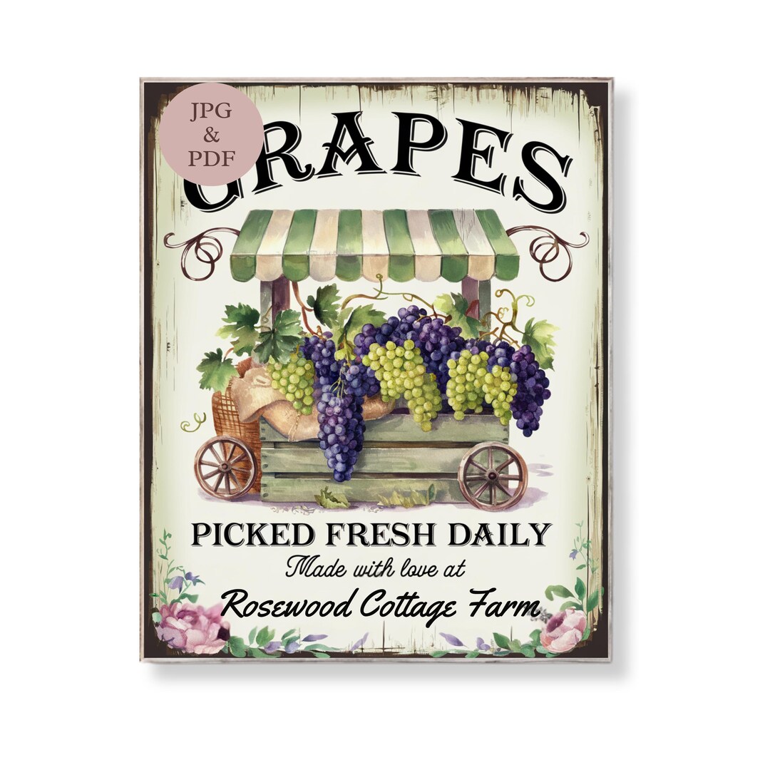 Grape Farm Sign Printable: Rustic Kitchen Decor (digital Download ...