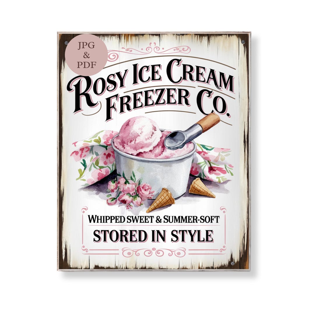 Rosy Ice Cream Freezer Sign Pink Summer Dessert Art Printable Vintage ...