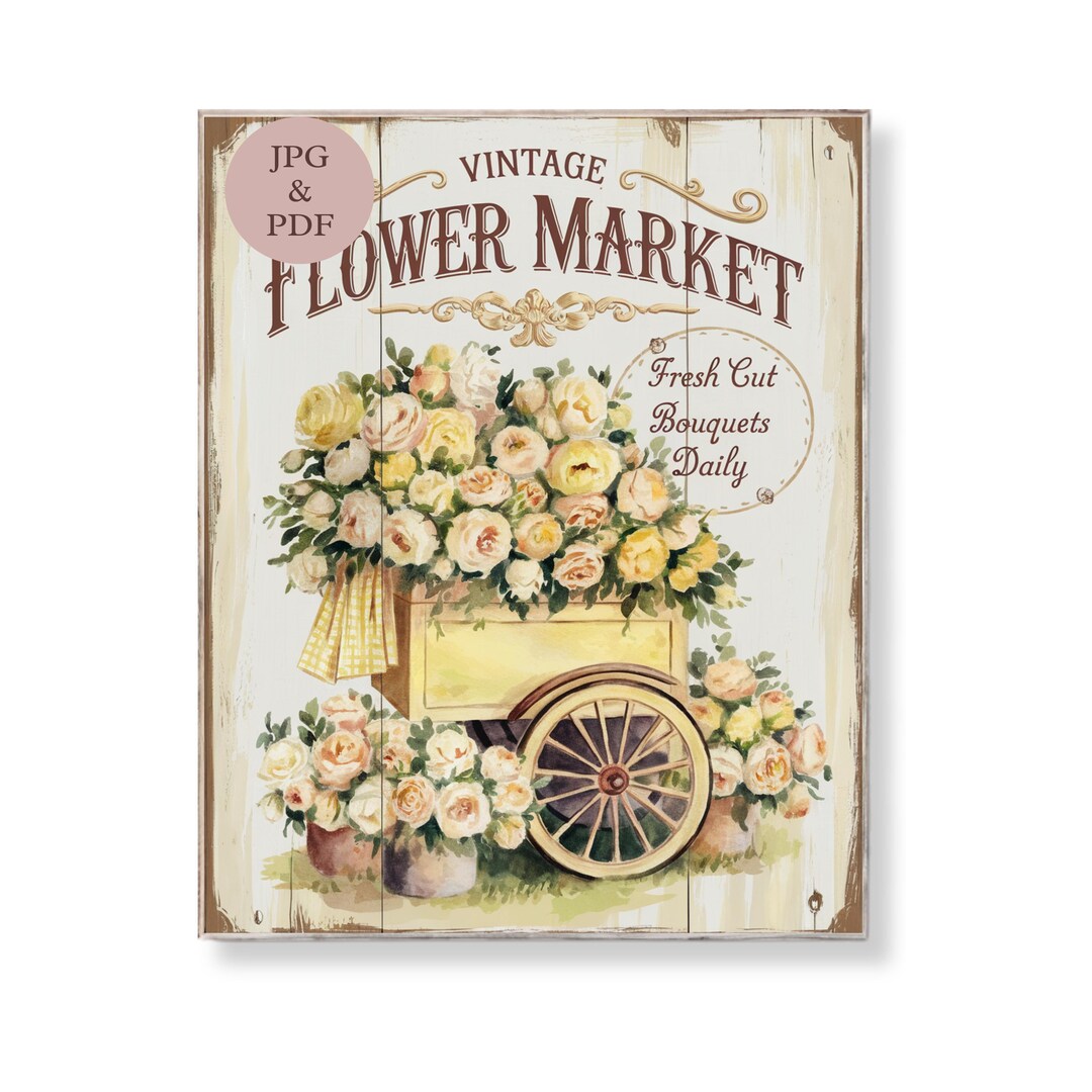 Vintage Flower Cart Sign Shabby Chic Yellow Floral Market Wall Art ...