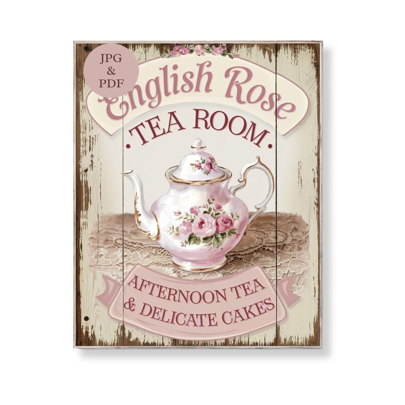 English Rose Tea Room Sign Printable Vintage Teapot Wall Art Afternoon ...
