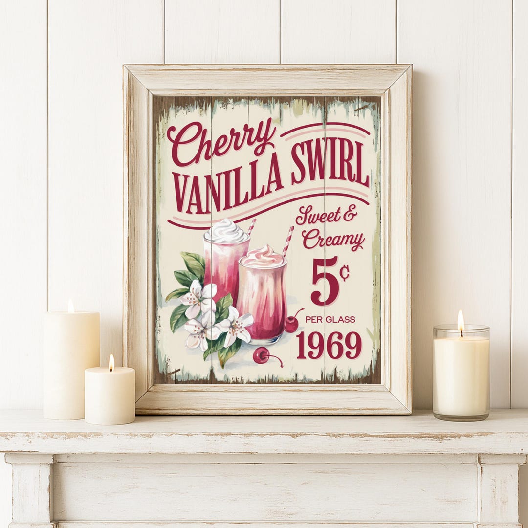 Cherry Vanilla Swirl Drink Stand Sign Sweet Creamy Kitchen Wall Art ...