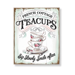 French Cottage Teacups Printable Wall Art Vintage Rose Tea Party Sign ...