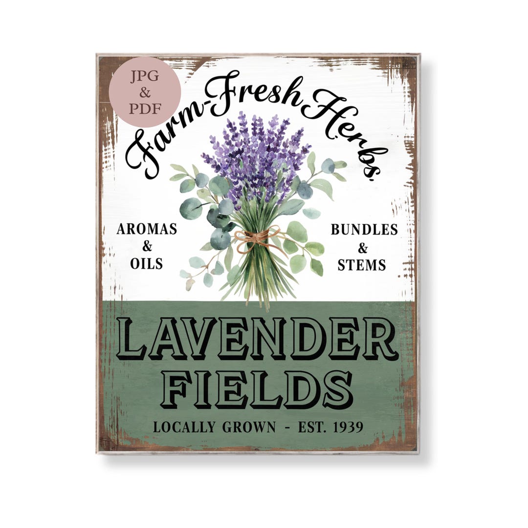 Lavender Fields Sign: Vintage Farmhouse Botanical Art (digital Download ...