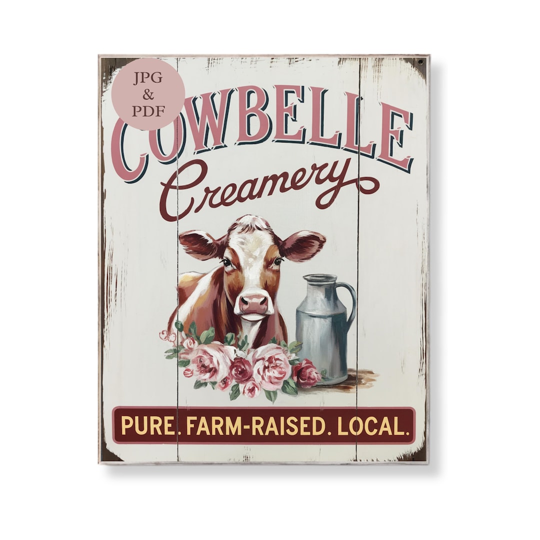 Cowbelle Creamery Cow Sign Rustic Farm Kitchen Wall Art Vintage Dairy ...