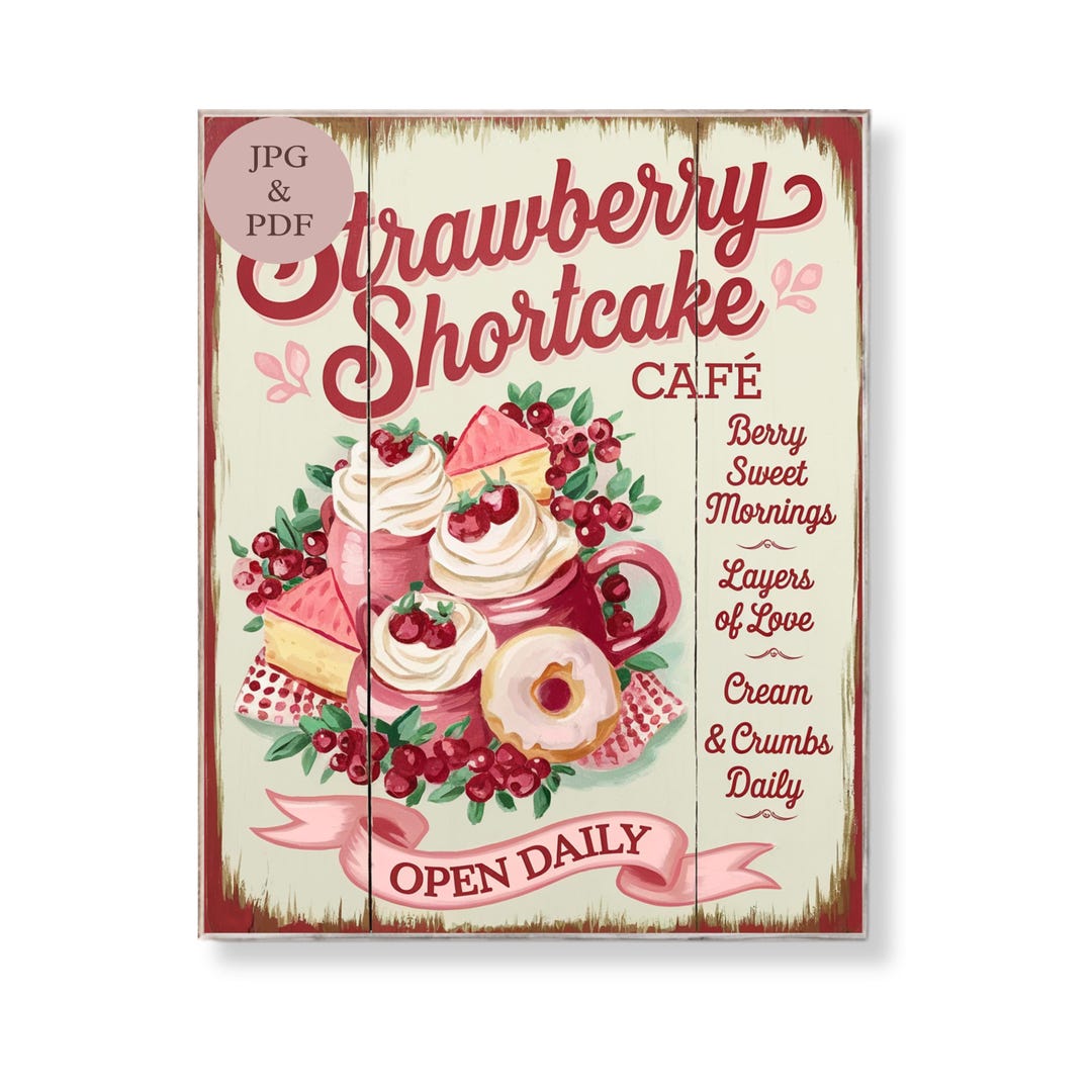 Strawberry Shortcake Cafe Sign Summer Bakery Wall Art Vintage Dessert ...