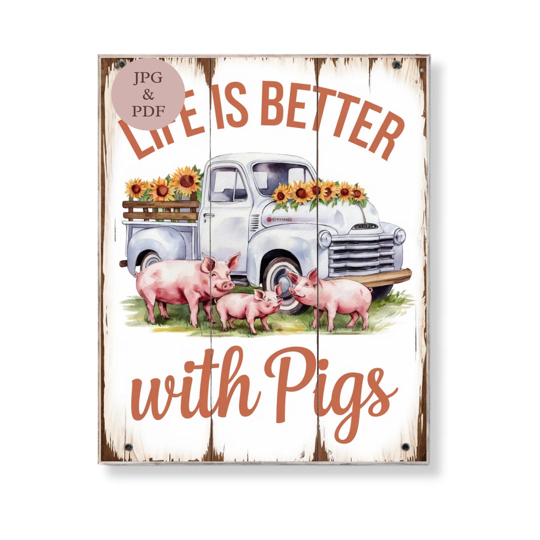 Pig Farm Truck Sunflower Print Vintage Country Pig Wall Art Rustic ...