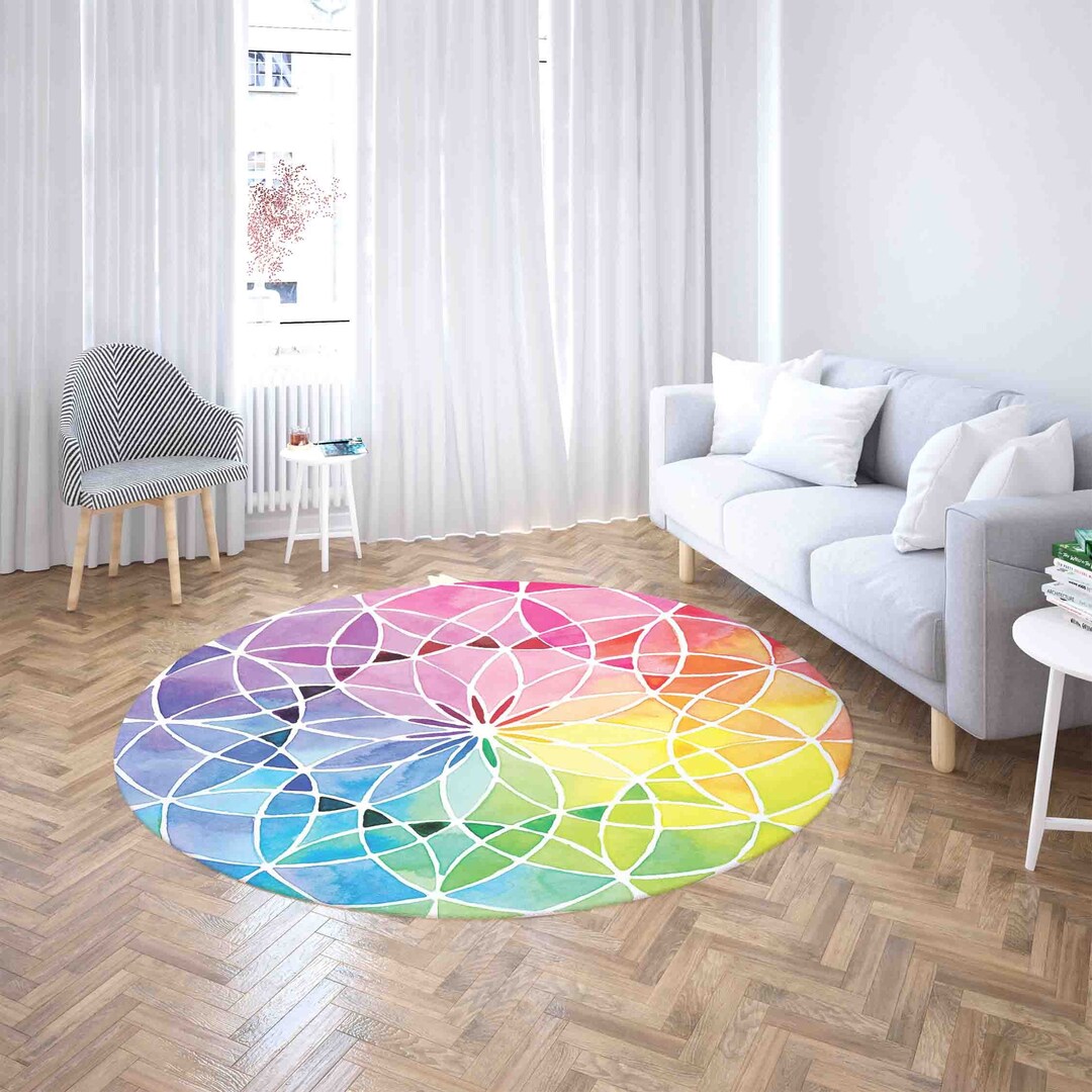 Rainbow Flower of Life Round Rug, Sacred Geometry Carpet, Spiritual ...