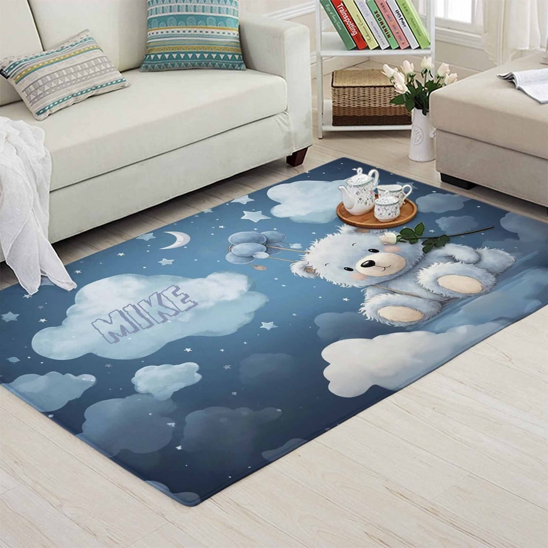 Teddy Bear Rug Sky Cloud Bear Nursery Carpet Custom Name Nursery Mat ...