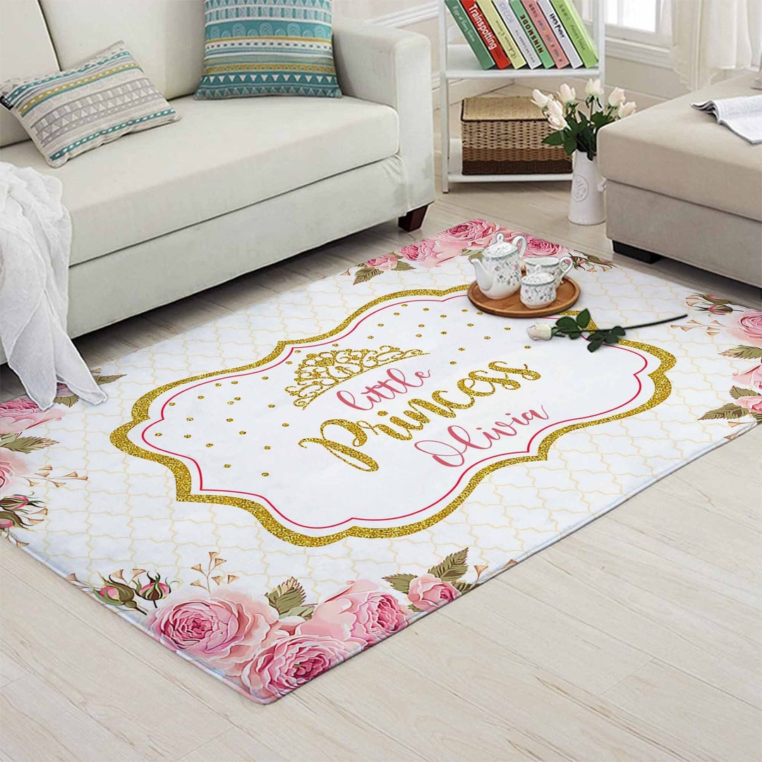 Personalized Princess Nursery Rug, Rose Floral Playroom Carpet, Kids ...