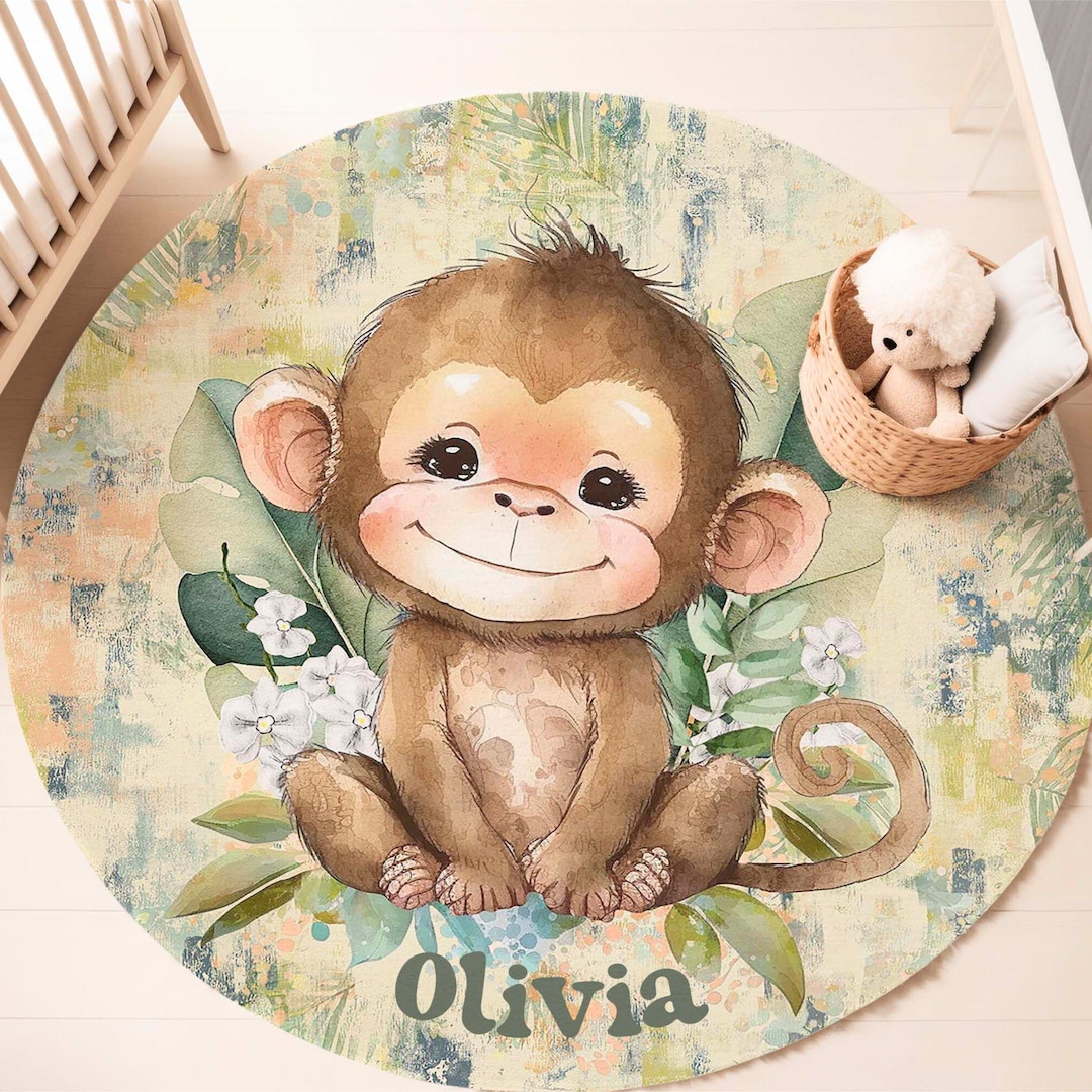 Baby Monkey Nursery Rug Safari Animals Round Carpet Floral Baby Room ...
