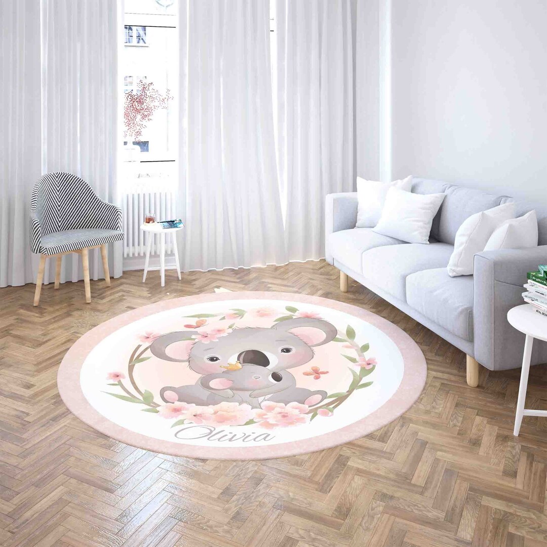 Mom and Baby Koala Floral Wreath Rug, Personalized Name Carpet, Safari ...