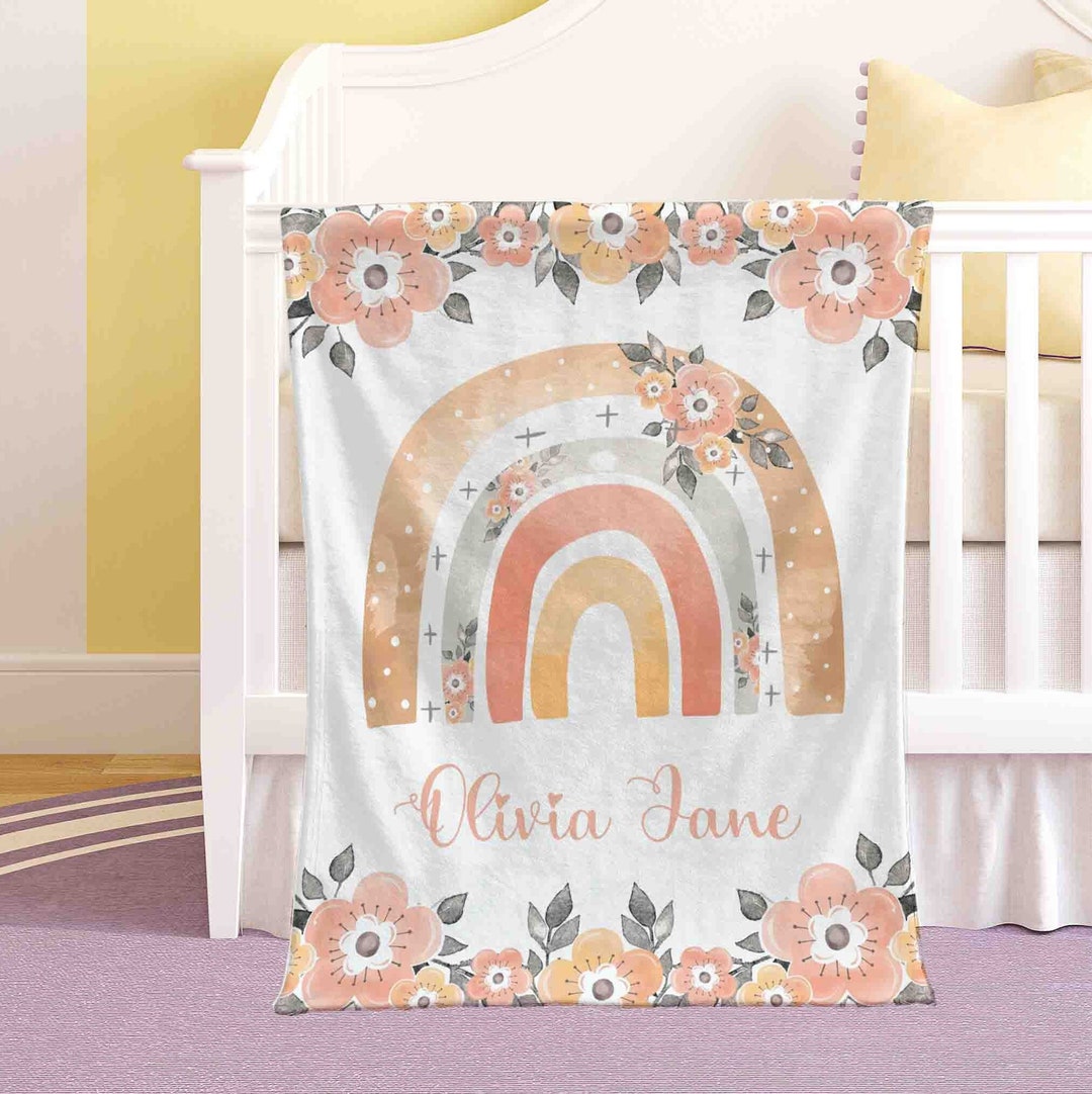 Boho Rainbow Nursery Blanket Personalized Floral Rainbow Baby Blanket ...