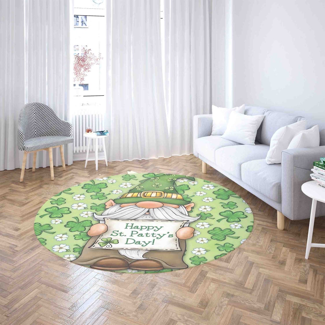 St Patrick's Day Round Rug, Lucky Gnome Area Mat, Good Luck Spring Home ...
